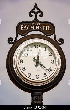 A street clock is pictured, April 16, 2023, in Bay Minette, Alabama ...