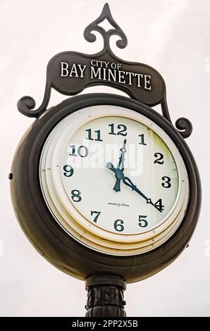 A street clock is pictured, April 16, 2023, in Bay Minette, Alabama ...