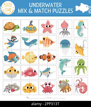 Vector under the sea mix and match puzzle with cute fishes. Matching ...