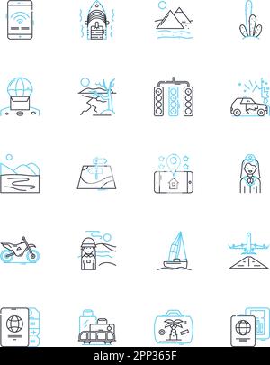 Aerodrome linear icons set. anding, Takeoff, Runway, Hangar, Control ...