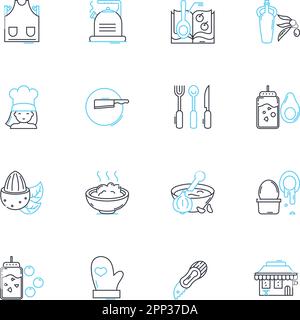 Cooking techniques linear icons set. Blanching, Braising, Broiling ...
