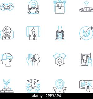 High-tech advancements linear icons set. Robotics, D printing, Nanotechnology, Quantum computing ...