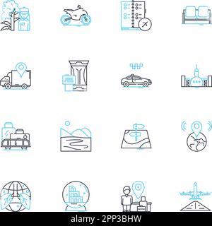 Airfield linear icons set. Runway, Hangar, Aircraft, Aerodrome ...