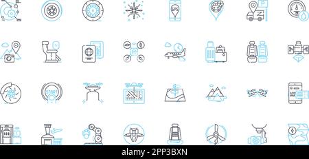 Flight linear icons set. Takeoff, Landing, Pilots, Passengers, Airline ...