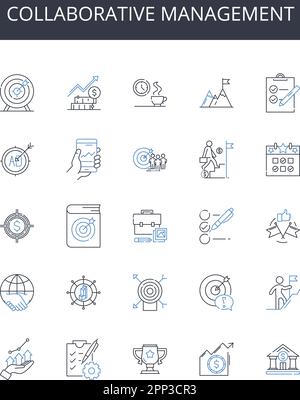 Collaborative management line icons collection. Cooperative leadership ...
