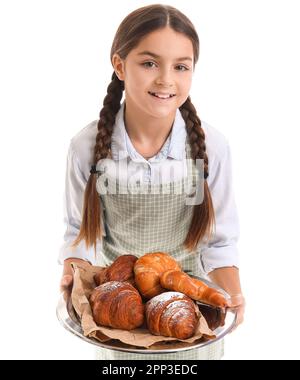 Little baker with tray of tasty croissants on white background Stock ...