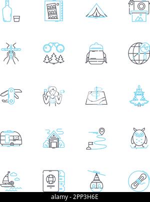 Strolling linear icons set. Amble, Wander, Saunter, Trek, Roam, Ramble ...