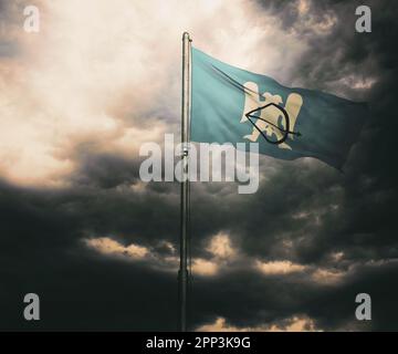 A digital illustration of a flag of the Seljuk Empire waving against a ...