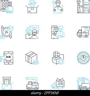 Transportation services linear icons set. Logistics, Shipping, Delivery, Hauling, Dispatch ...