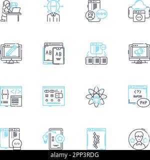 Mainframe computer linear icons set. Legacy, Centralized, Durable, Powerful, Resilient ...
