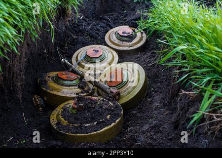 Various Russian anti-tank, anti-personnel and explosive mines collected ...