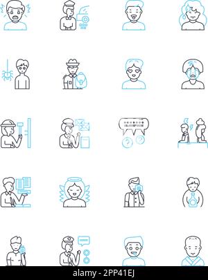 Fearful emotions linear icons set. Dread, Fright, Terror, Horror, Panic ...