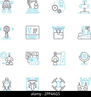 Flying robots linear icons set. Drs, Quadcopters, Hovercraft ...
