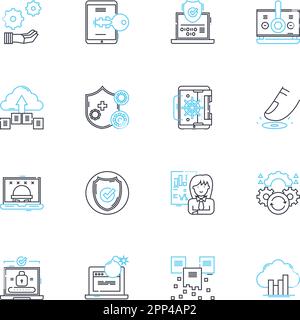 Cybersecurity policy linear icons set. Firewall, Encryption, Authorization, Authentication ...