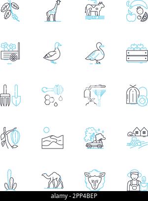 Sustainable ranch linear icons set. Grazing, Pasture, Conservation ...