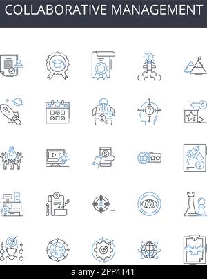 Collaborative management line icons collection. Cooperative leadership ...