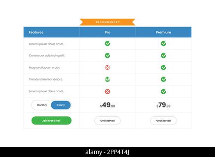 Business subscription pricing comparison table ui design Stock Vector ...