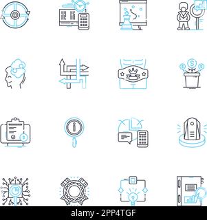 Evaluation planning linear icons set. Assessment, Metrics, Targets, Scope, Objectives, Analysis ...