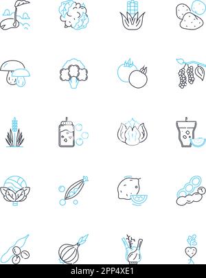 Crops linear icons set. Yield, Fertilizer, Plow, Irrigation, Harvest ...