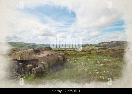 Abandoned Sherman tank digital watercolour painting in the Peak ...