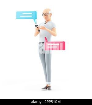 3d cartoon man sending text messages with smartphone, illustration ...