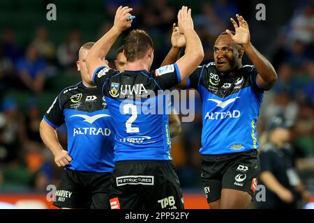 Manasa Mataele of the Force and Tom Horton of the Force celebrate a try ...
