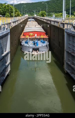 Barge in a ship lift with open gates Stock Photo - Alamy