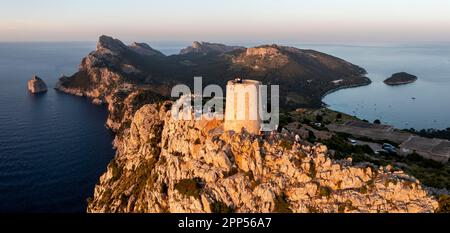Aerial view, Albercutx watchtower, Talaia d'Albercutx, rocky cliffs and ...