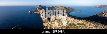 Aerial view, Albercutx watchtower, Talaia d'Albercutx, rocky cliffs and ...