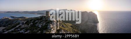 Aerial view, Albercutx watchtower, Talaia d'Albercutx, rocky cliffs and ...
