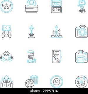 Film production linear icons set. Cinematography, Screenplay, Editing, Lighting, Sound ...