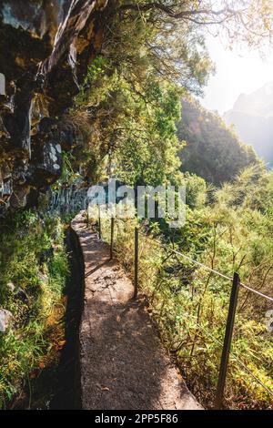 Description: Steep cliff hiking trail next to clear water canal through ...