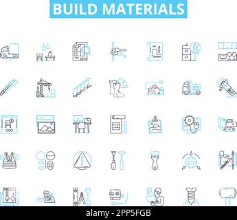 Build materials linear icons set. Timber, Concrete, Steel, Brick, Plaster, Glass, Asphalt vector ...