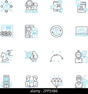 Project kickoff linear icons set. Planning, Strategy, Communication, Objectives, Scope ...