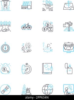 Getaway weekend linear icons set. Retreat, Escapade, Adventure ...