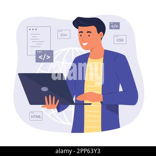young man programmer developing computer program cartoon vector Stock ...