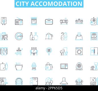 City accomodation linear icons set. Cosy, Centrality, Comfort, Ambiance ...