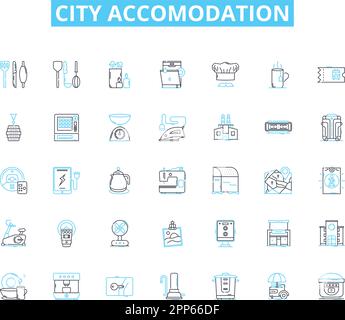 City accomodation linear icons set. Cosy, Centrality, Comfort, Ambiance ...