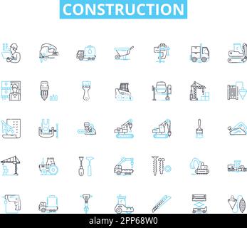 Construction linear icons set. Renovation, Framing, Roofing, Pouring, Demolition, Carpentry ...