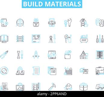 Build materials linear icons set. Timber, Concrete, Steel, Brick, Plaster, Glass, Asphalt line ...