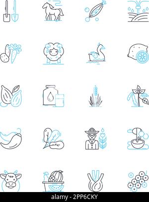 Ranch linear icons set. Horses, Cattle, Stables, Barn, Pastures, Hay ...