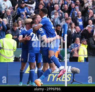 Timothy Castagne of Leicester City celebrates with scorer Ayoze Perez ...