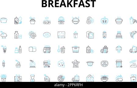Breakfast linear icons set. Pancakes, Waffles, Omelette, Cereal, Toast ...
