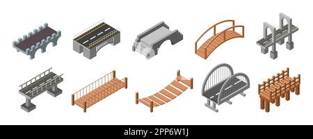 Isometric bridge. Concrete bridges drawbridge river arch bridging city ...