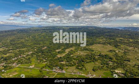Aerial view of Samosir Island, is a large volcanic island in Lake Toba ...