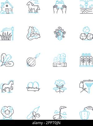 Ranch linear icons set. Horses, Cattle, Stables, Barn, Pastures, Hay ...