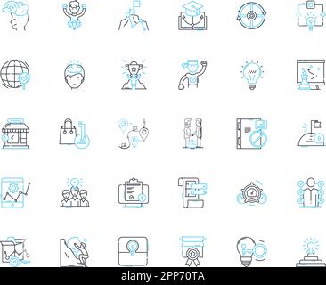 Evaluation planning linear icons set. Assessment, Metrics, Targets, Scope, Objectives, Analysis ...