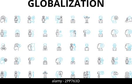 Globalization linear icons set. Interconnectedness, Integration, Interdependence, Homogenization ...