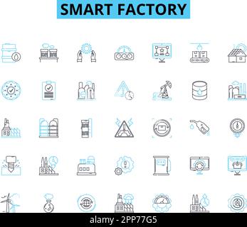 Smart factory linear icons set. Automation, Robotics, IoT, Industry , Data, Quality, Efficiency ...
