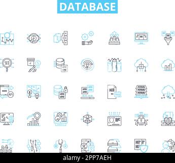 Database linear icons set. Retrieval, Normalization, Interoperability, Partitioning, Sharding ...